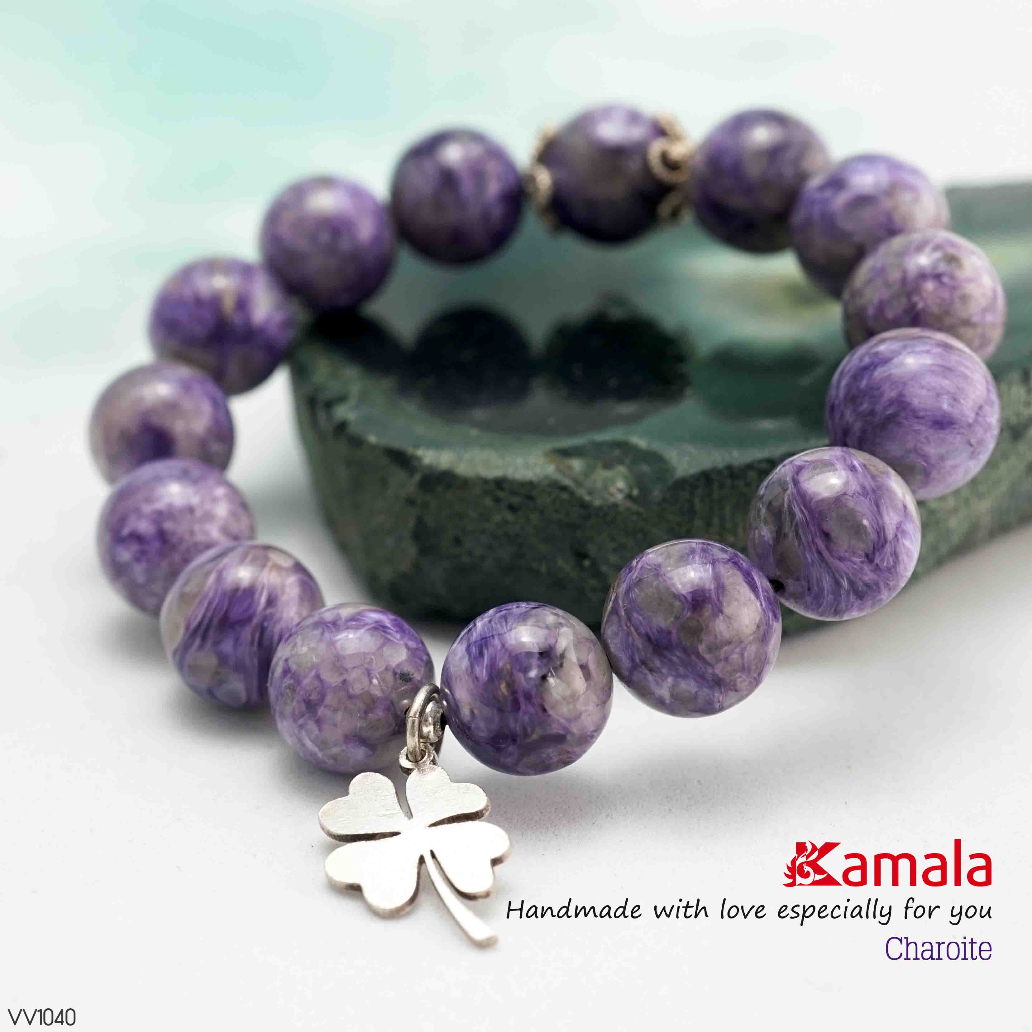 Vòng tay Charoite Cỏ 4 lá bạc cao cấp | Kamala
