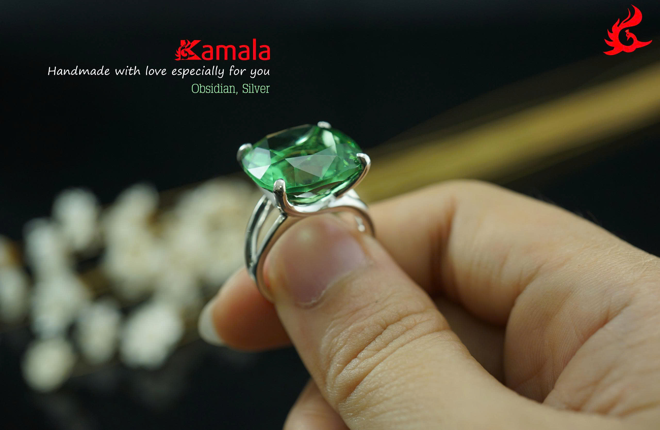 Nhẫn Obsidian xanh lá bạc cao cấp | Kamala